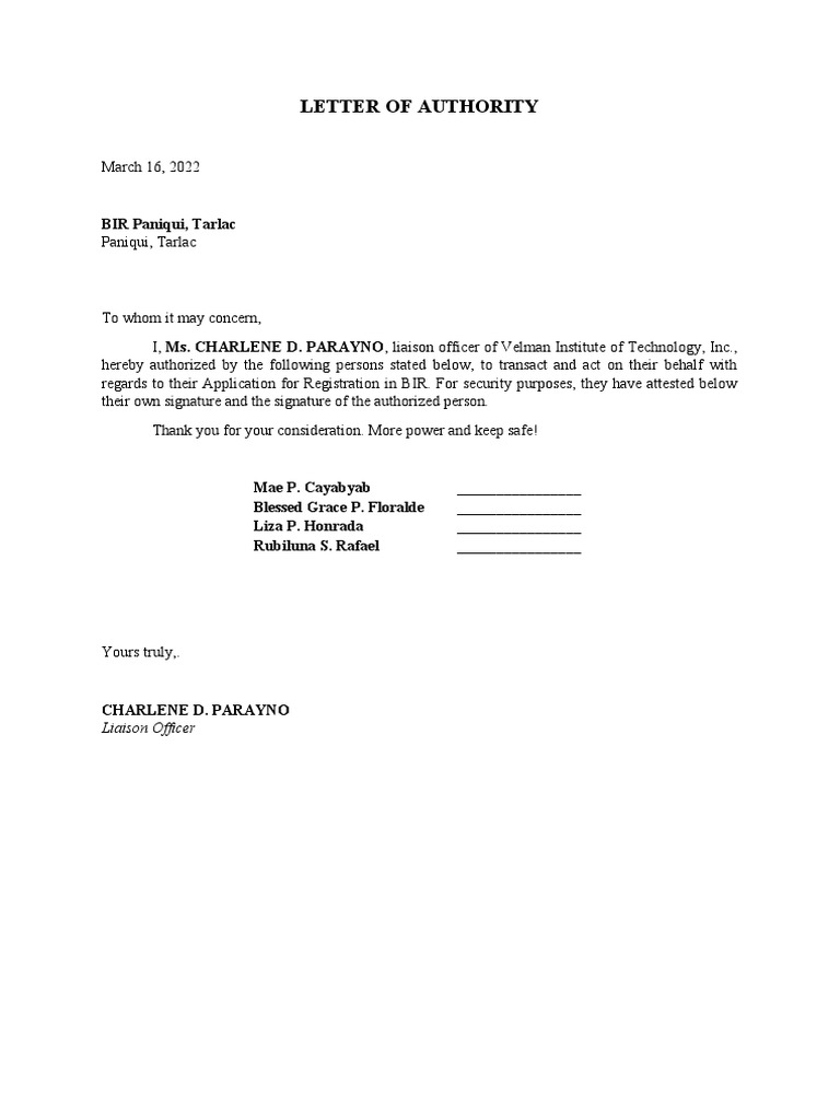 Letter of Authority: BIR Paniqui, Tarlac | PDF