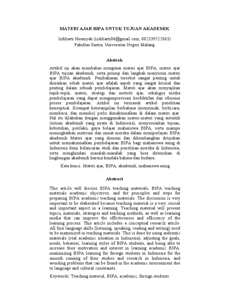 Izdiharti Husniyah - MATERI AJAR BIPA UNTUK TUJUAN AKADEMIK | PDF