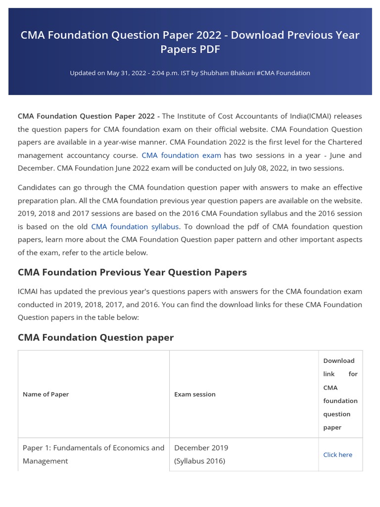 CMA Foundation Question Paper 2022 - Download Previous Year Papers PDF ...