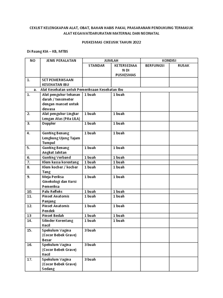 Ceklist Kelengkapan Alat 2022 | PDF