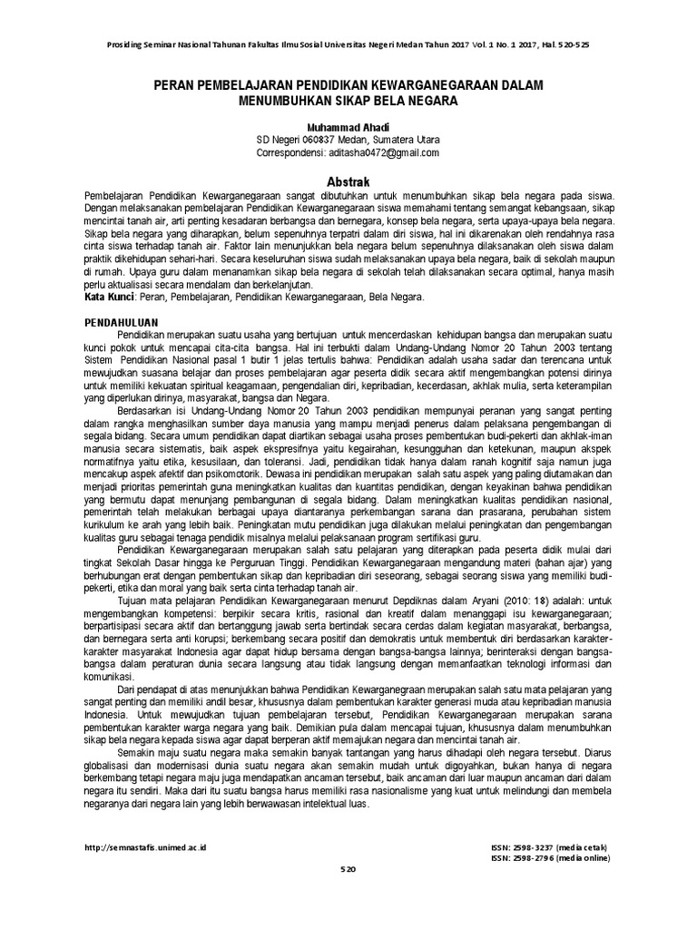 Muh Ahadi Peran Pembelajaran Pendidikan Kewarganegaraan Dalam Menumbuhkan Sikap Bela Negara Pada ...