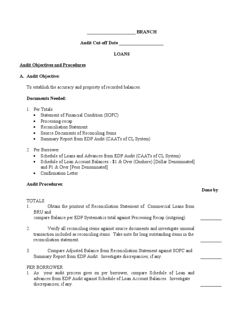 Branch Audit Cut-Off Date - Loans Audit Objectives and Procedures A ...