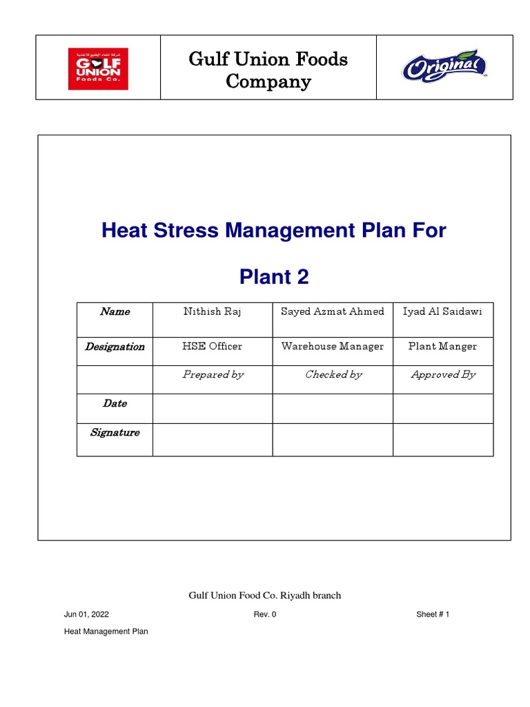 Heat Stress Management Plan For Plant 2: Gulf Union Foods Company | PDF
