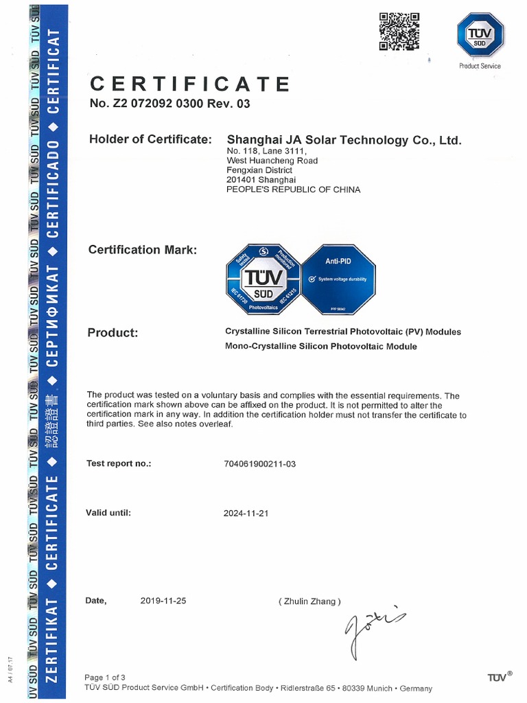 Certification For JA Panels | PDF
