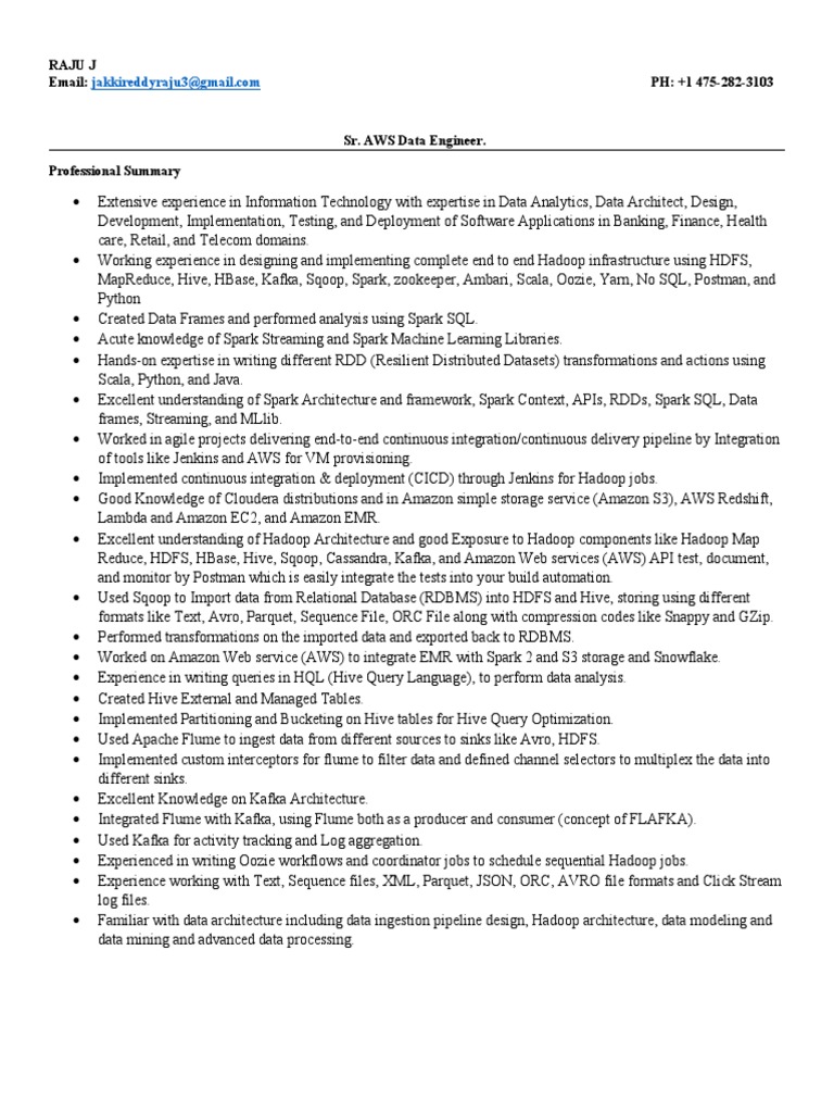 RAJU AWS Data Engineer Resume | PDF | Apache Spark | Apache Hadoop RAJU AWS Data Engineer Resume | PDF | Apache Spark | Apache Hadoop