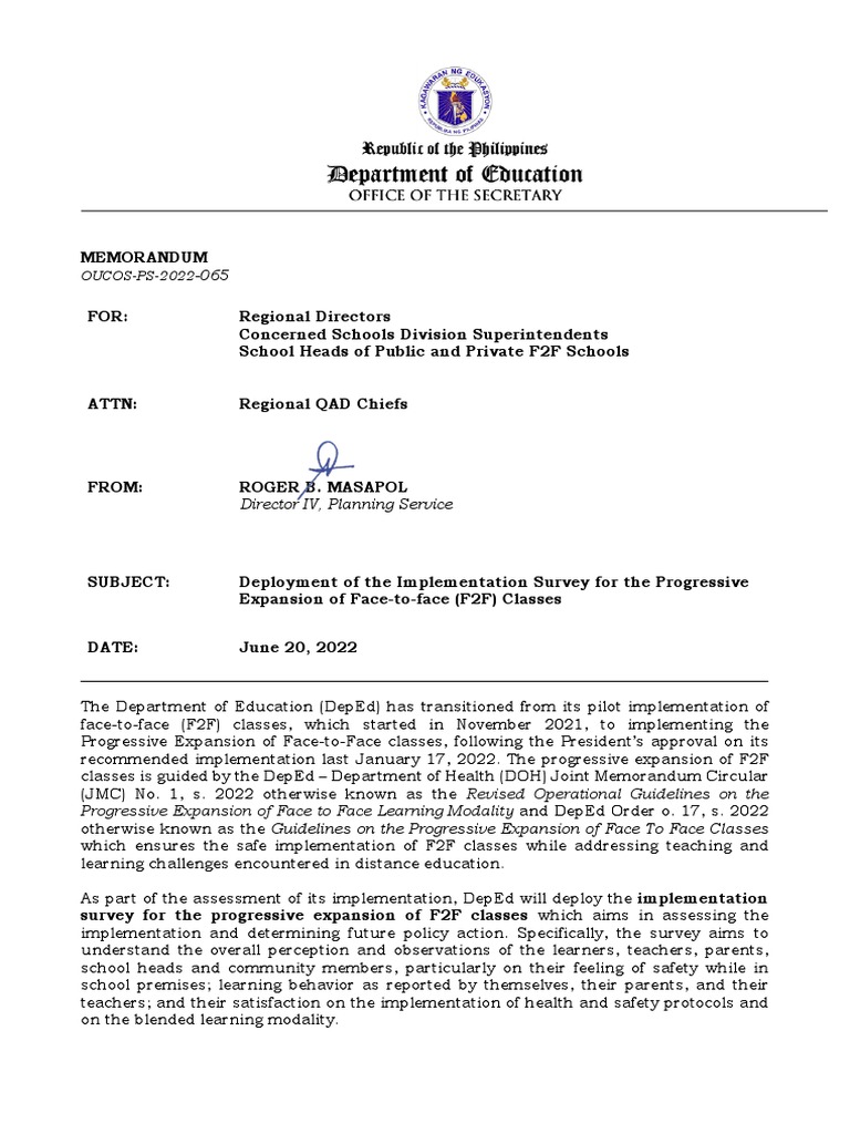 Memo - Progressive Expansion of F2F Class Implementation Survey ...