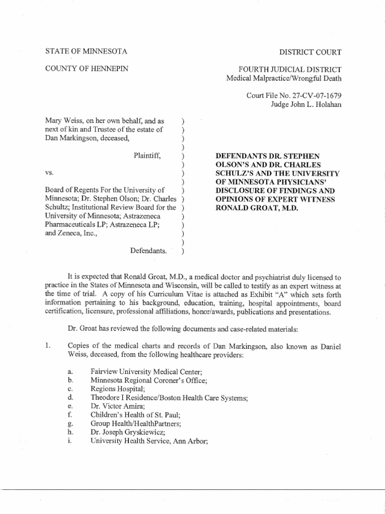 Expert Testimony of Ronald Groat, M.D. | PDF | Psychosis | Delusion