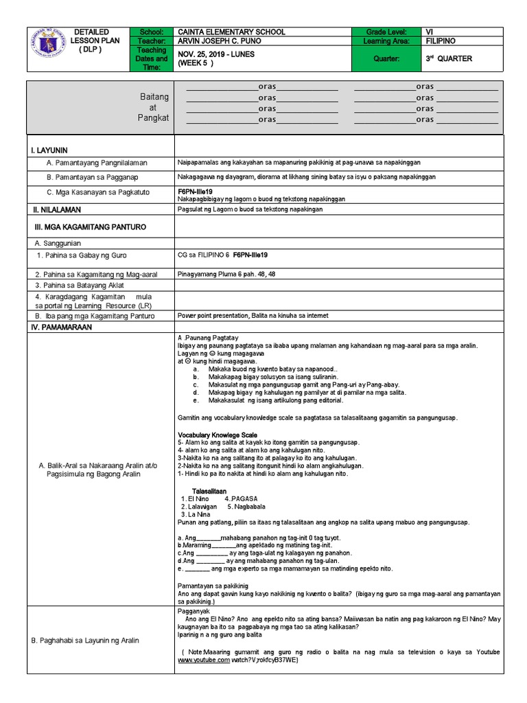 DLP 6 Filipino Q3 Nov. 25 29 Week 5 | PDF