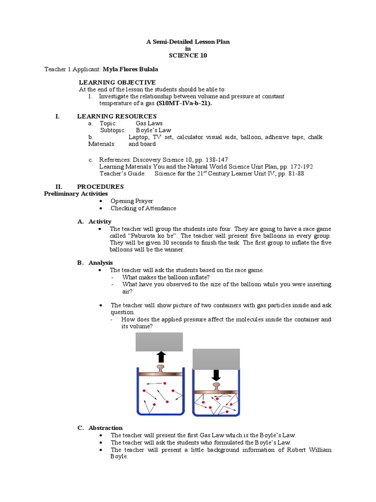 A Semi-Detailed Lesson Plan on Boyle's Law | PDF | Gases | Pressure