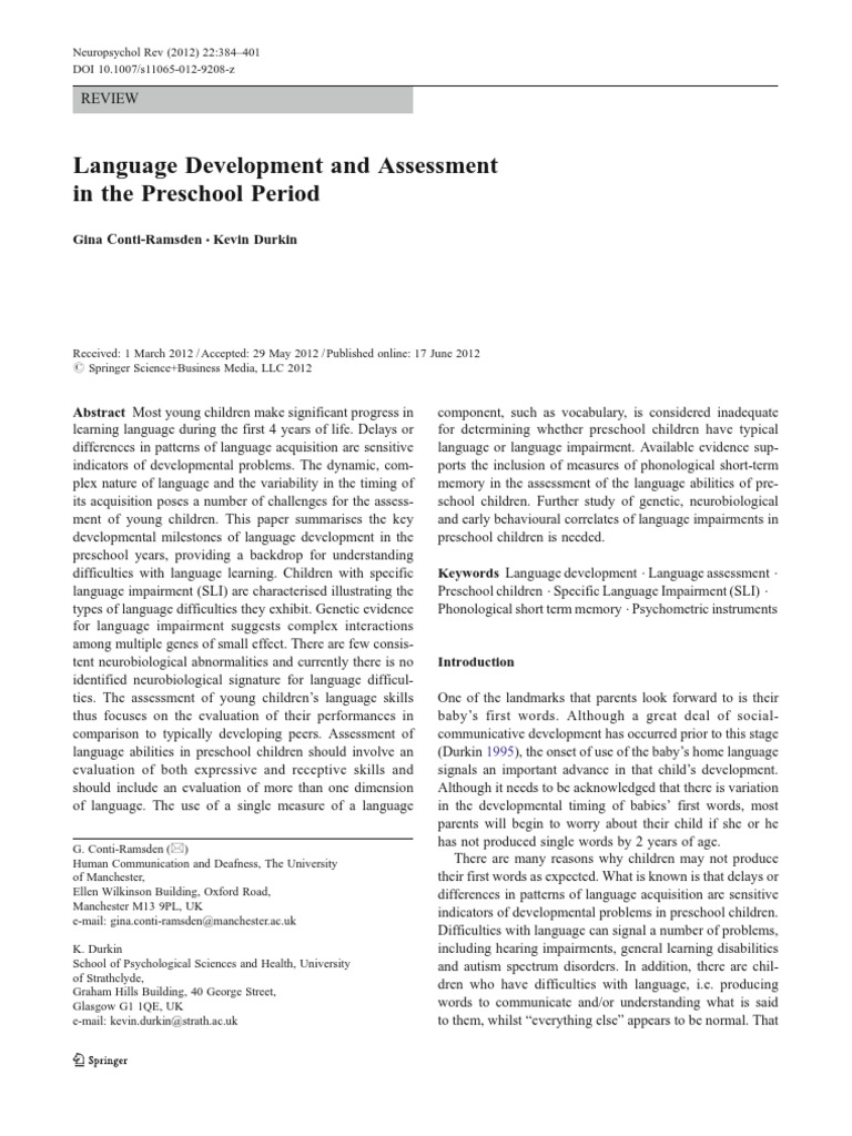 Language Development and Assessment in The Preschool Period | PDF ...
