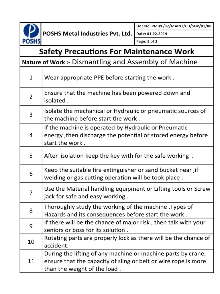 SOP For Assembly and Dismantling of Machine | PDF