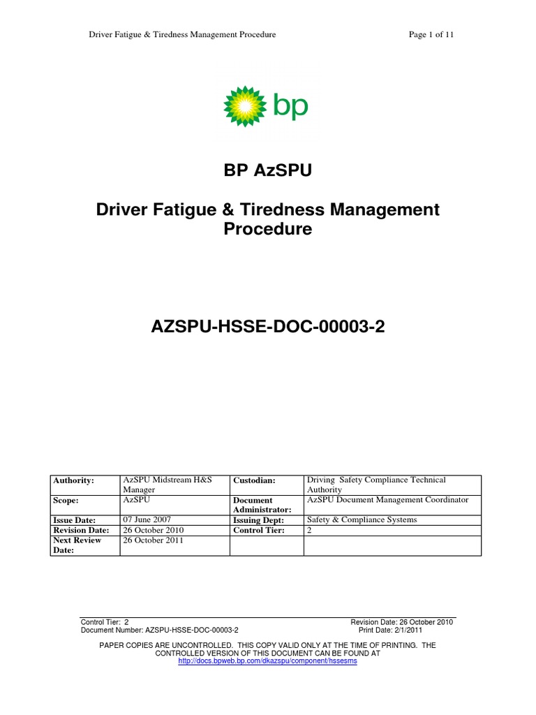 BP Azspu Driver Fatigue & Tiredness Management Procedure | PDF
