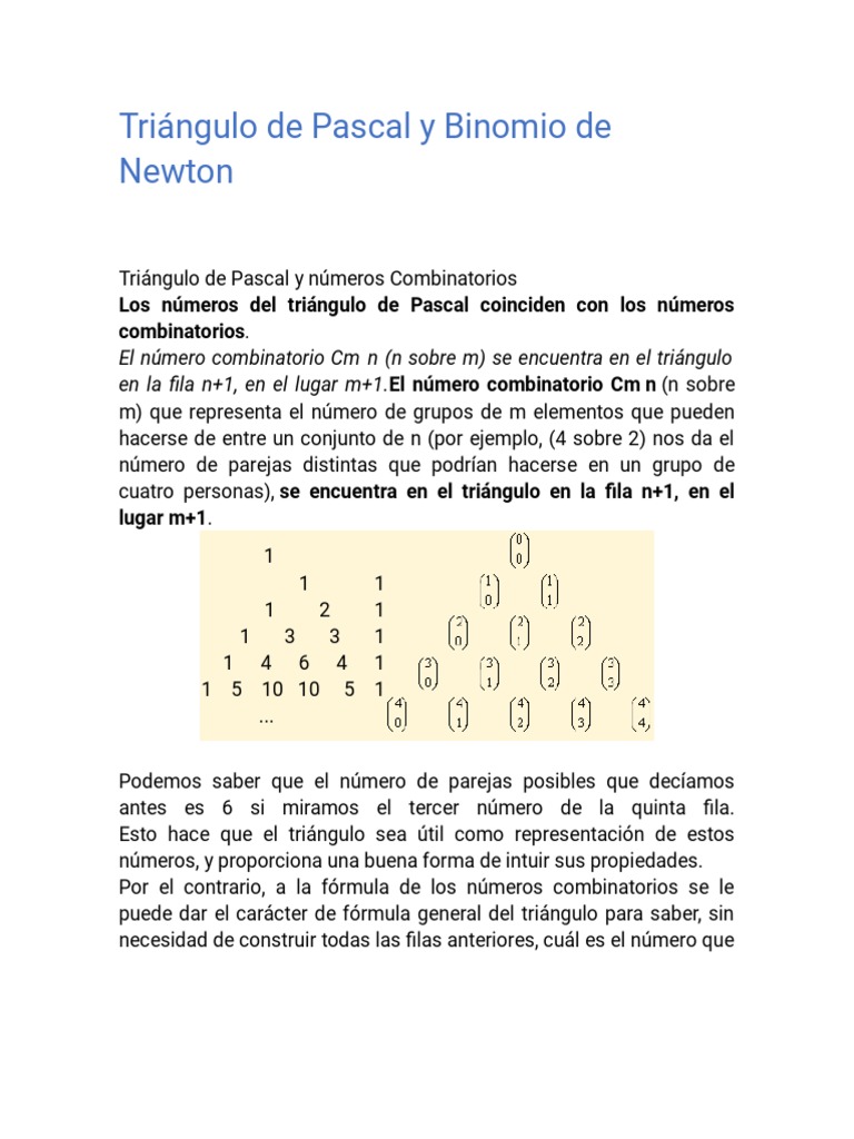 Triángulo de Pascal y Binomio de Newton | PDF | Combinatoria | Análisis ...