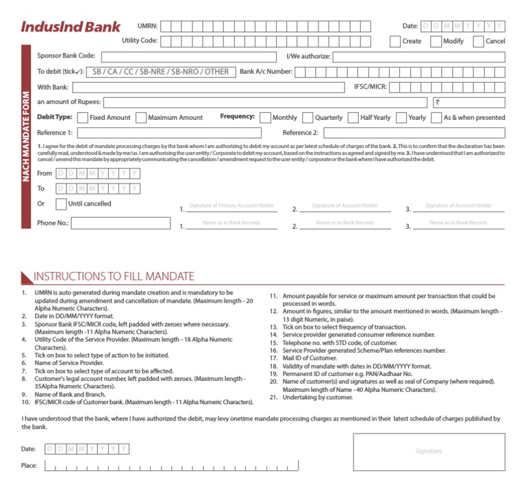 NACH Mandate Form Instructions | PDF | Debit Card | Banks