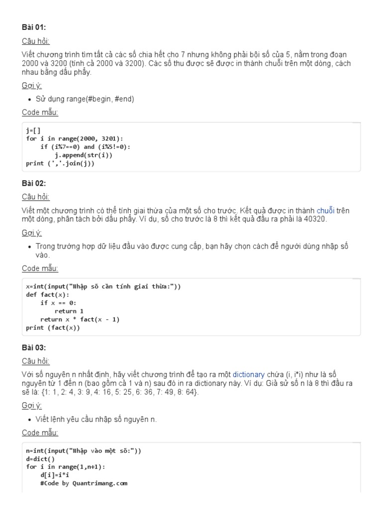 Hơn 100 Bài Tập Python Có Lời Giải (Code Mẫu) | PDF