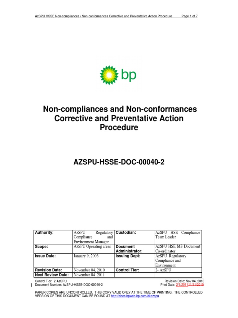 AzSPU HSSE&S MS Non-Compliances and Non-Conformances Corrective and ...
