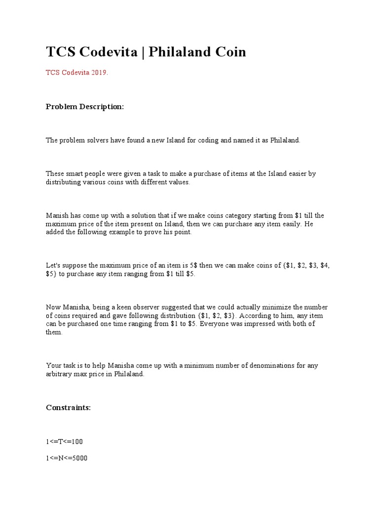 TCS Codevita - Philaland Coin: Problem Description | PDF | Teaching Methods & Materials