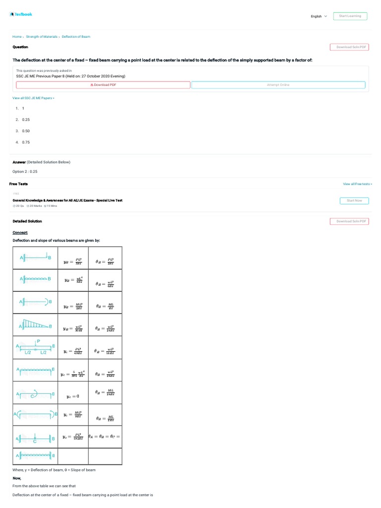 (Solved) The Deflection at The Center of A Fixed - Fixed Beam C | PDF | Beam (Structure) | Bending