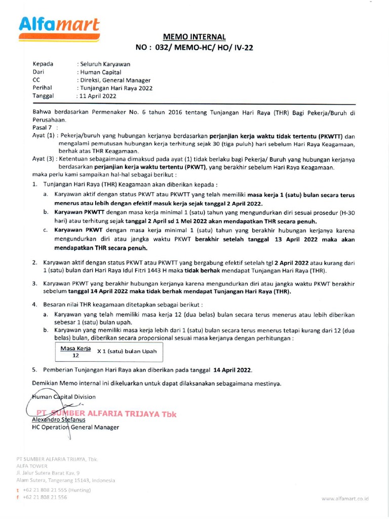 MEMO INTERNAL Tunjangan Hari Raya 2022 | PDF