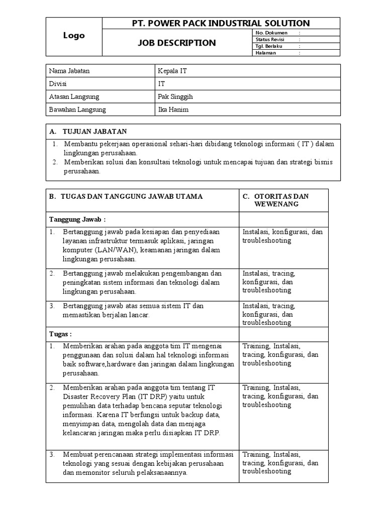 Format Job Description Kep - IT | PDF | Bisnis | Komputer