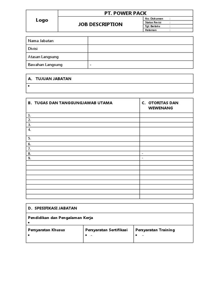 Format Formulir Job Description | PDF