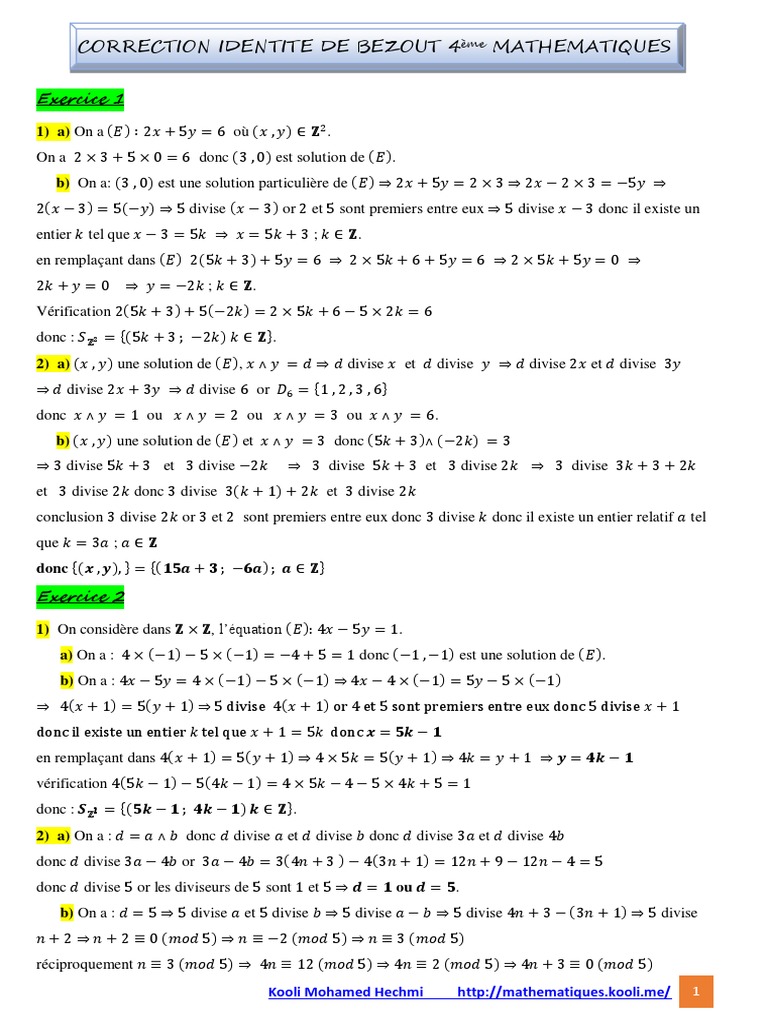 Correction Identité de Bézout 4ème | PDF | Entier relatif | Concepts ...