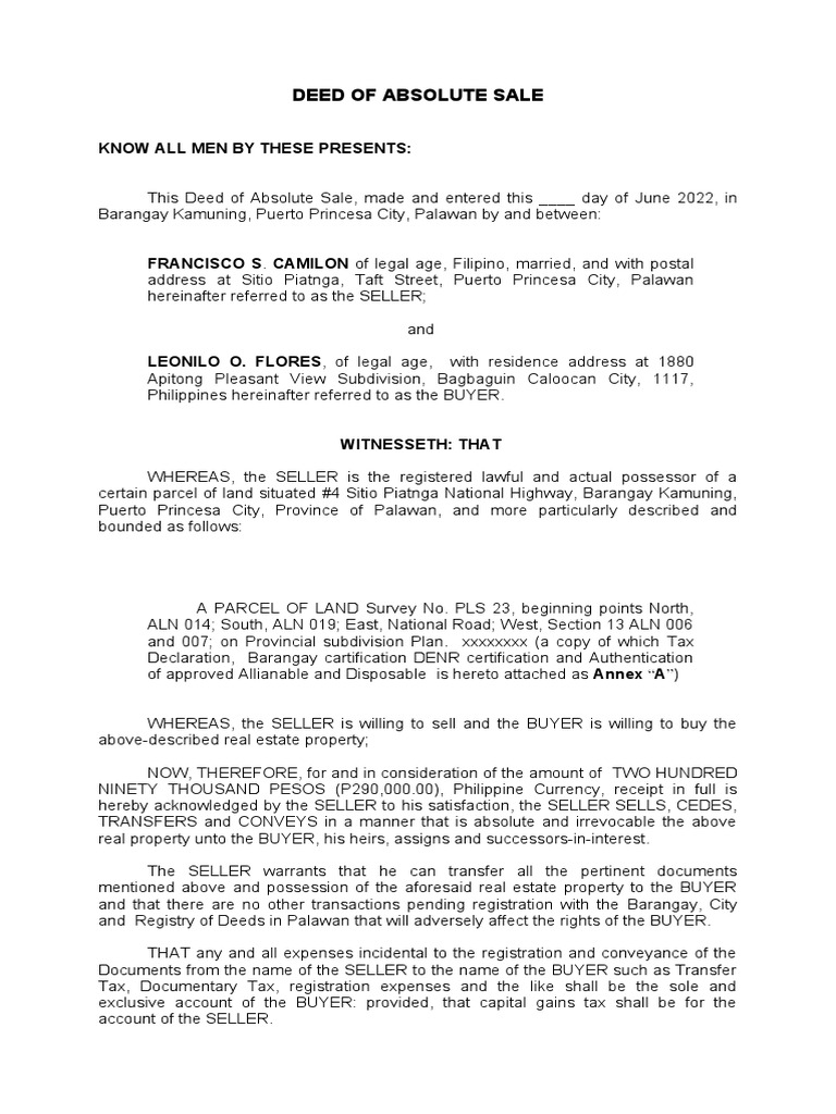 Deed of Absolute Sale: Know All Men by These Presents | PDF | Deed | Conveyancing