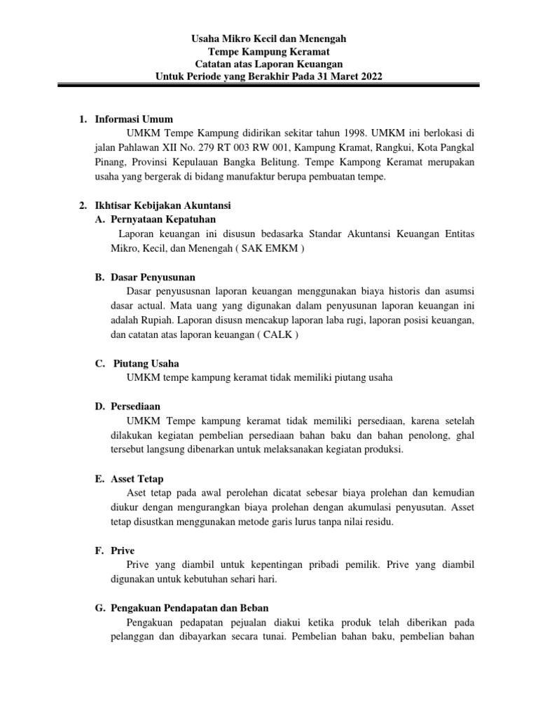 Calk Umkm Tempe Bang Aji Maret 2022-1 | PDF