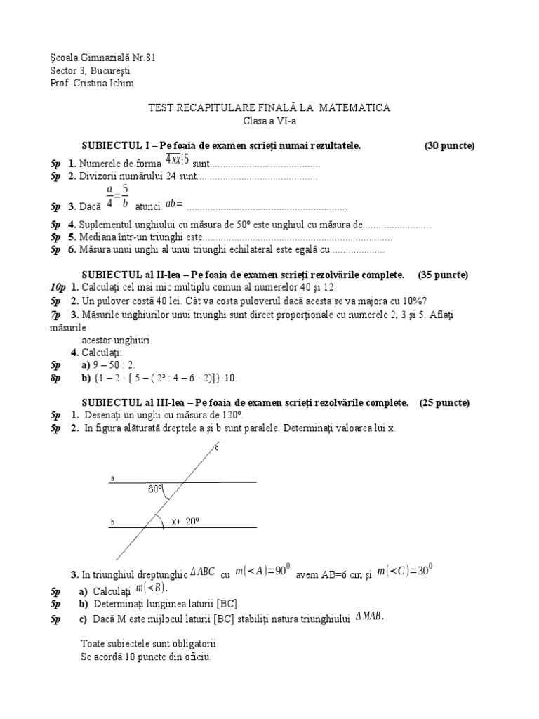 Test Recapitulare Finala 6 Varianata 1 | PDF