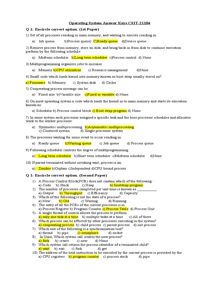 Operating System Answer Keys CSIT-21104 Q 1: Encircle Correct Option. (1st Paper) | PDF ...