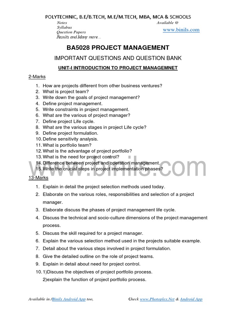 BA5028 PROJECT MANAGEMENT Reg 17 Question Bank | PDF | Project ...