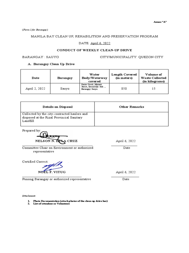 Conduct of Weekly Clean-Up Drive: (Form 1 For Barangay) | PDF ...