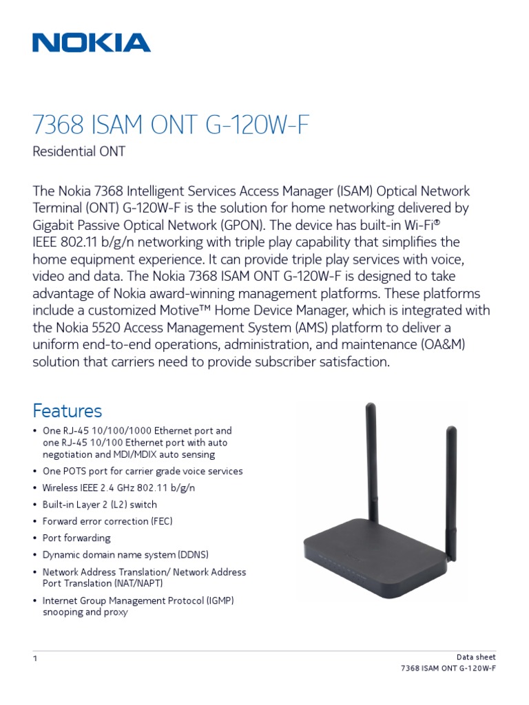 7368 ISAM ONT G-120W-F: Features | PDF | Wi Fi | Internet