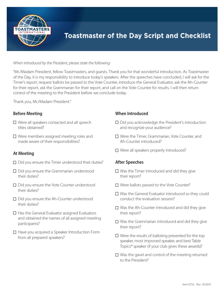Toastmaster Script and Checklist Letter Size | PDF | Human Communication