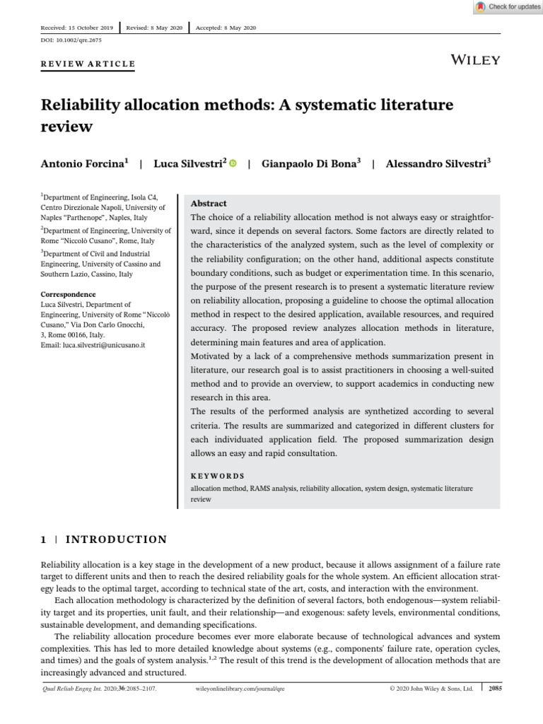Quality Reliability Eng - 2020 - Forcina - Reliability Allocation Methods A Systematic ...
