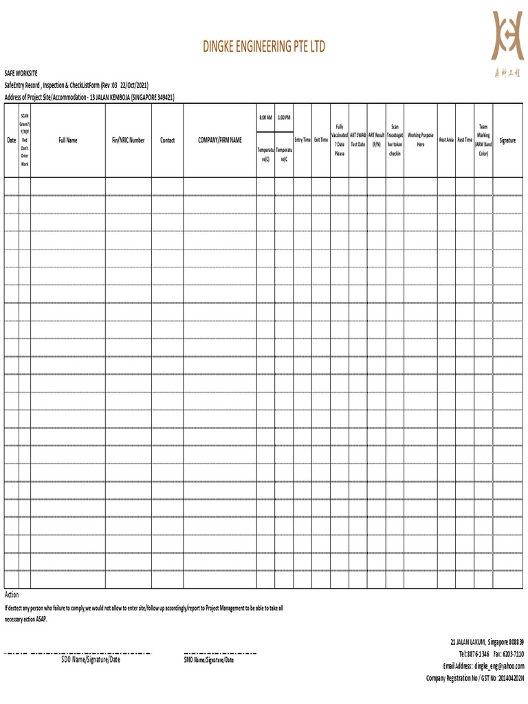Safe Entry Record&Check List Form Rev 03 | PDF