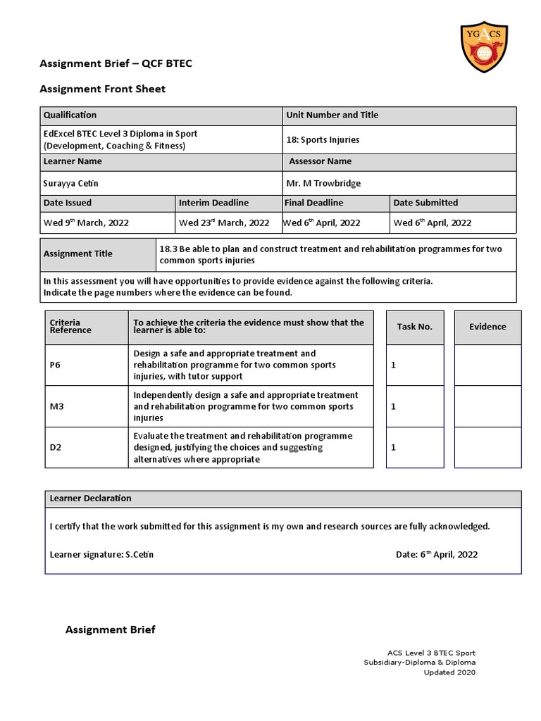 Assignment Brief - QCF BTEC Assignment Front Sheet: TH RD TH TH | PDF | Physical Therapy ...