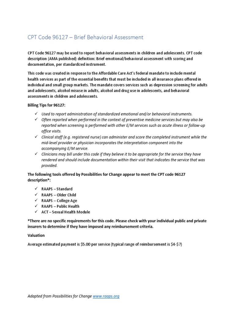 CPT Code 96127: Behavioral Assessment Guide | PDF
