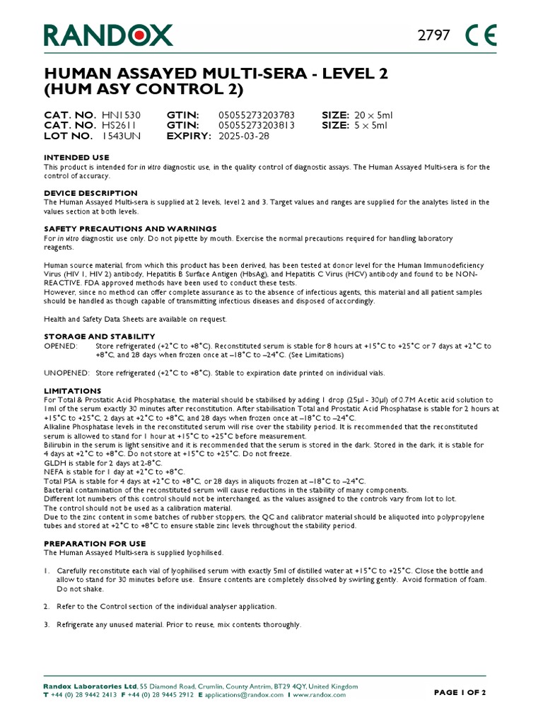 Randox 1543 Un Chemistry Level 2 | PDF | High Density Lipoprotein ...