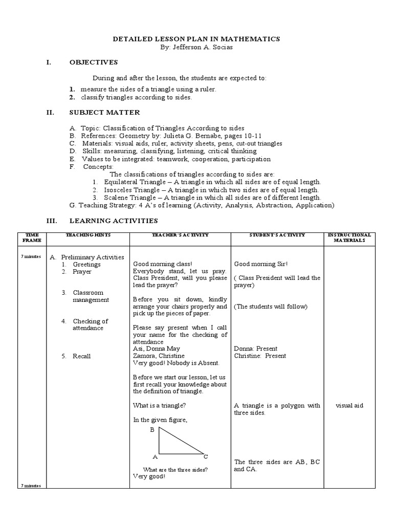 Detailed Lesson Plan in Mathematics | PDF | Triangle | Lesson Plan