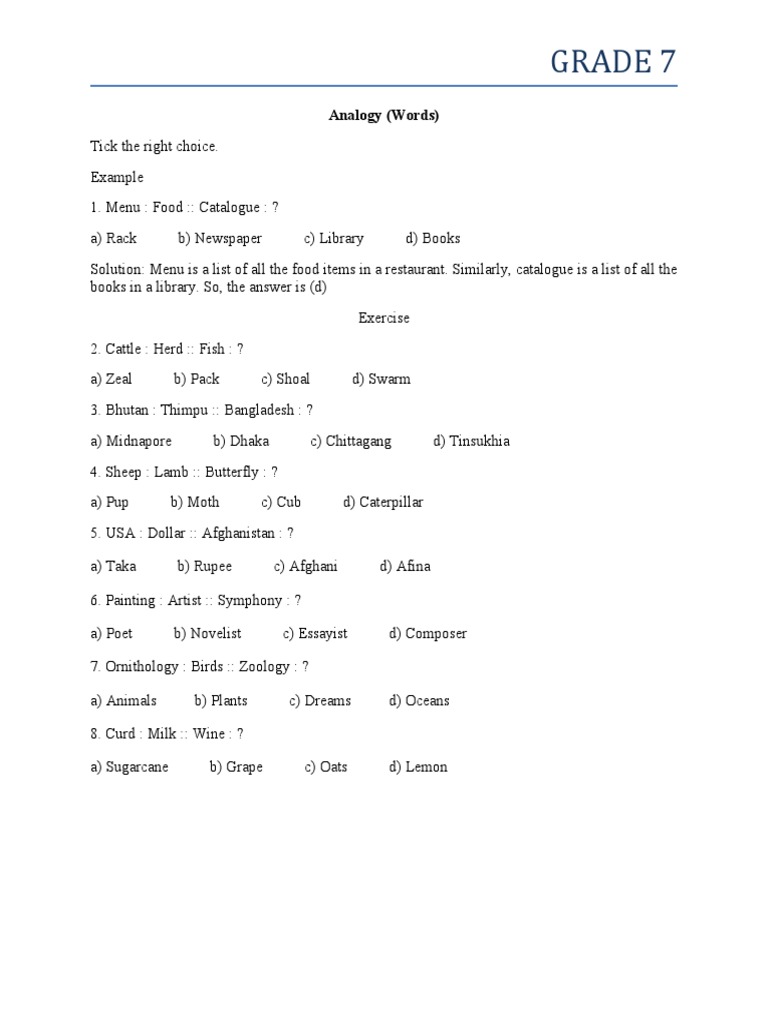 Grade 7 Aptitude - Analogy | PDF | Organisms | Zoology