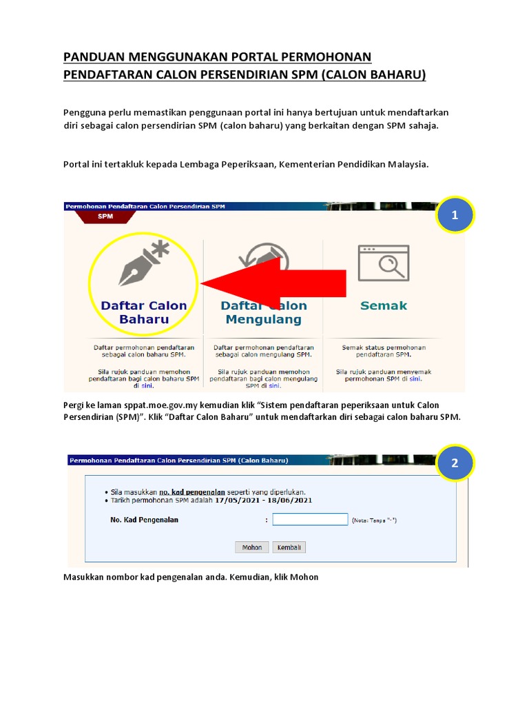 Panduan Permohonan Pendaftaran Calon Persendirian SPM (Baharu) | PDF