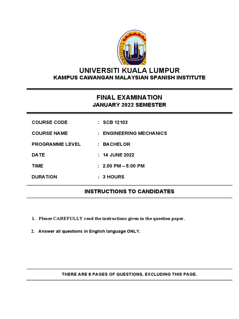 Final Exam Engineering Mechanics | PDF | Force | Center Of Mass