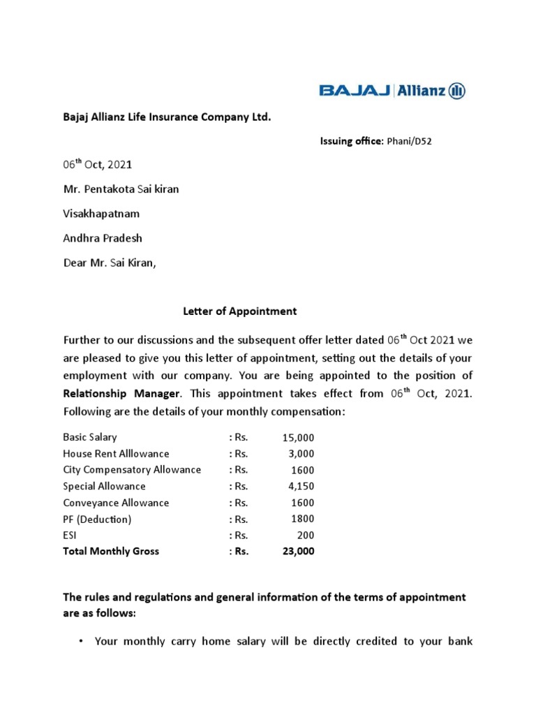 Appointment Letter Format For Bajaj Allianz | PDF | Employment | Justice