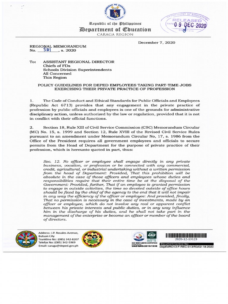 DepEd Regional Memorandum Practice of Profession | PDF