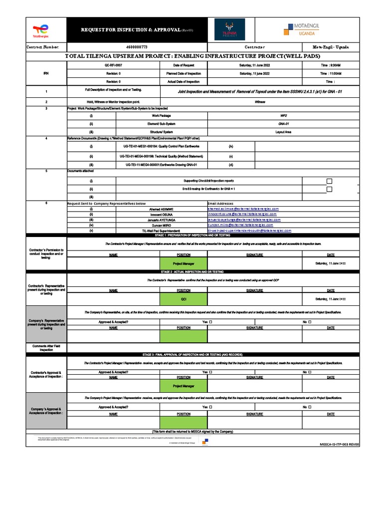 Request For Inspection and Joint Measurements | PDF | Specification ...