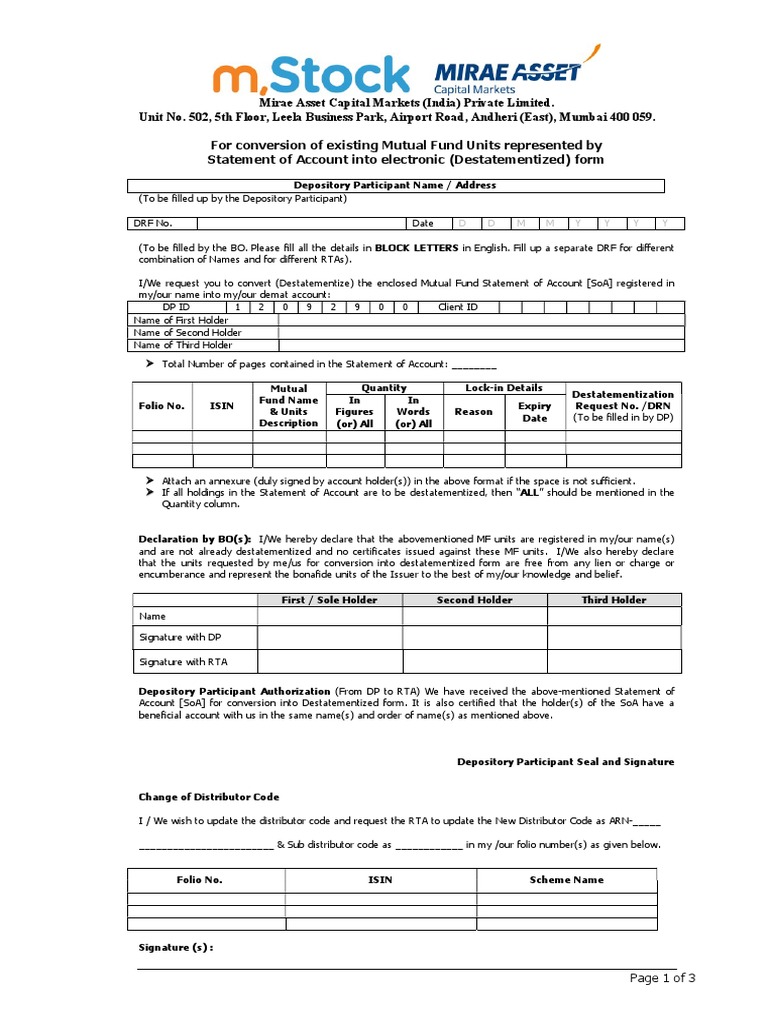 Mutual Fund Destatementization Request | PDF | Financial Economics | Financial Markets