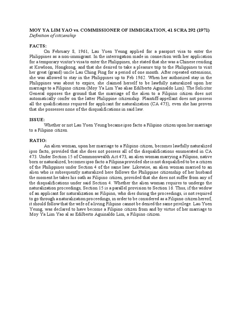 MOY YA LIM YAO vs. COMMISSIONER OF IMMIGRATION, 41 SCRA 292 (1971 ...