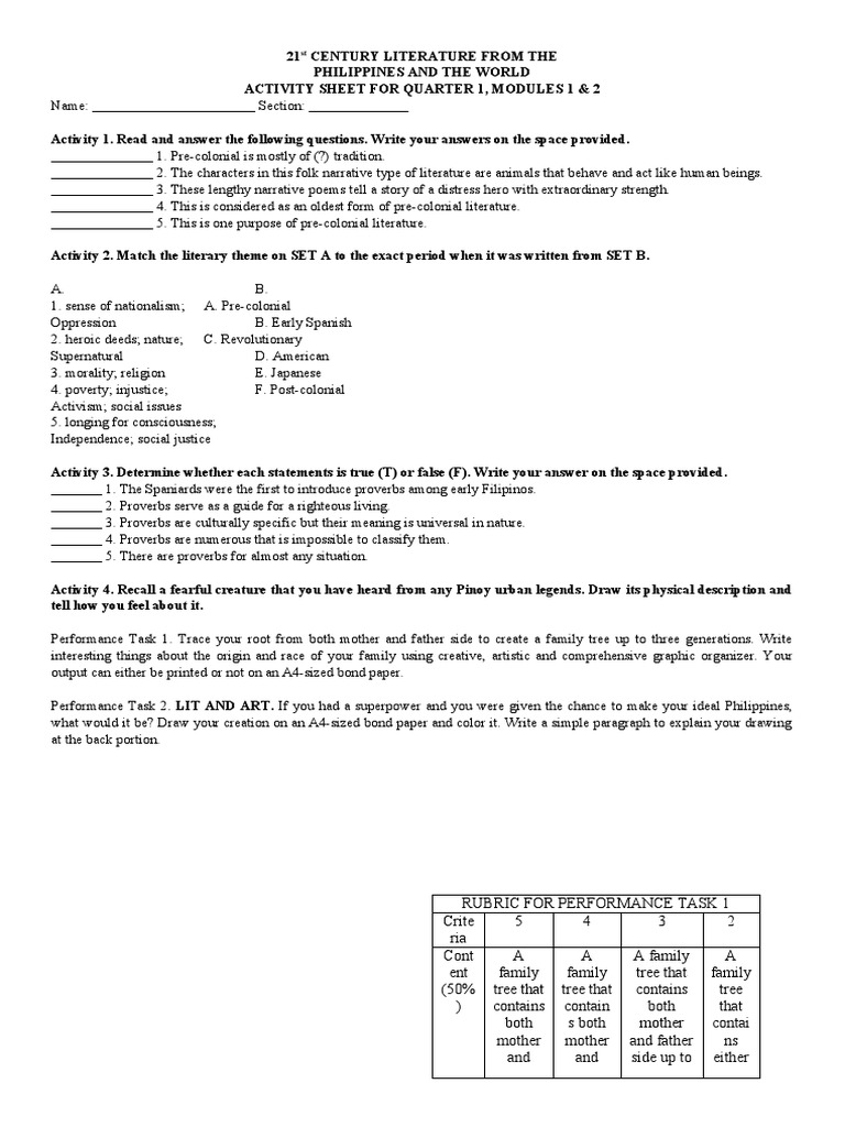 21st CENTURY Activity Sheets & Performance Tasks Q1, M1-M2 | PDF | Narrative | Philippines