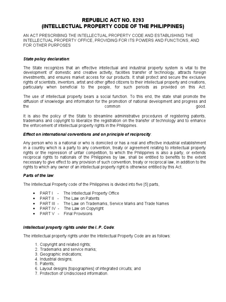 Republic Act No. 8293 (Intellectual Property Code of The Philippines) | PDF | Intellectual ...